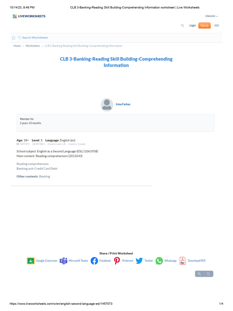 CLB 3-Banking-Reading Skill Building-Comprehending Information Worksheet - Live Worksheets | PDF ...