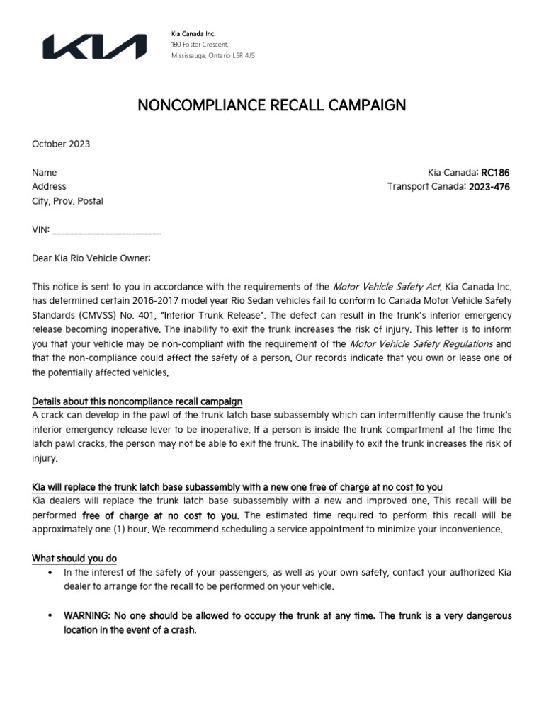 RC186 Customer Letter en 1 | PDF | Trunk (Car) | Lease