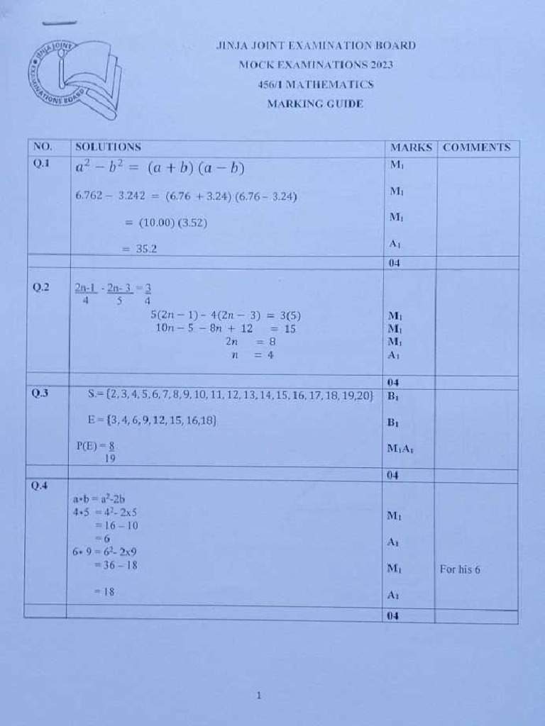 JJEB Math Paper 1 Marking Guide 2023 6 | PDF