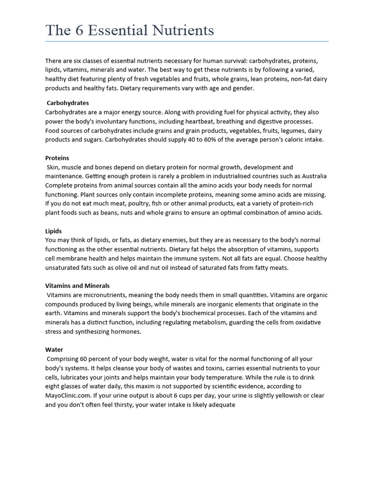 The 6 Nutrients Worksheets | PDF | Nutrients | Fat