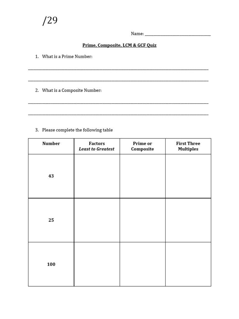 Prime Composite LCM GCF Quiz | PDF