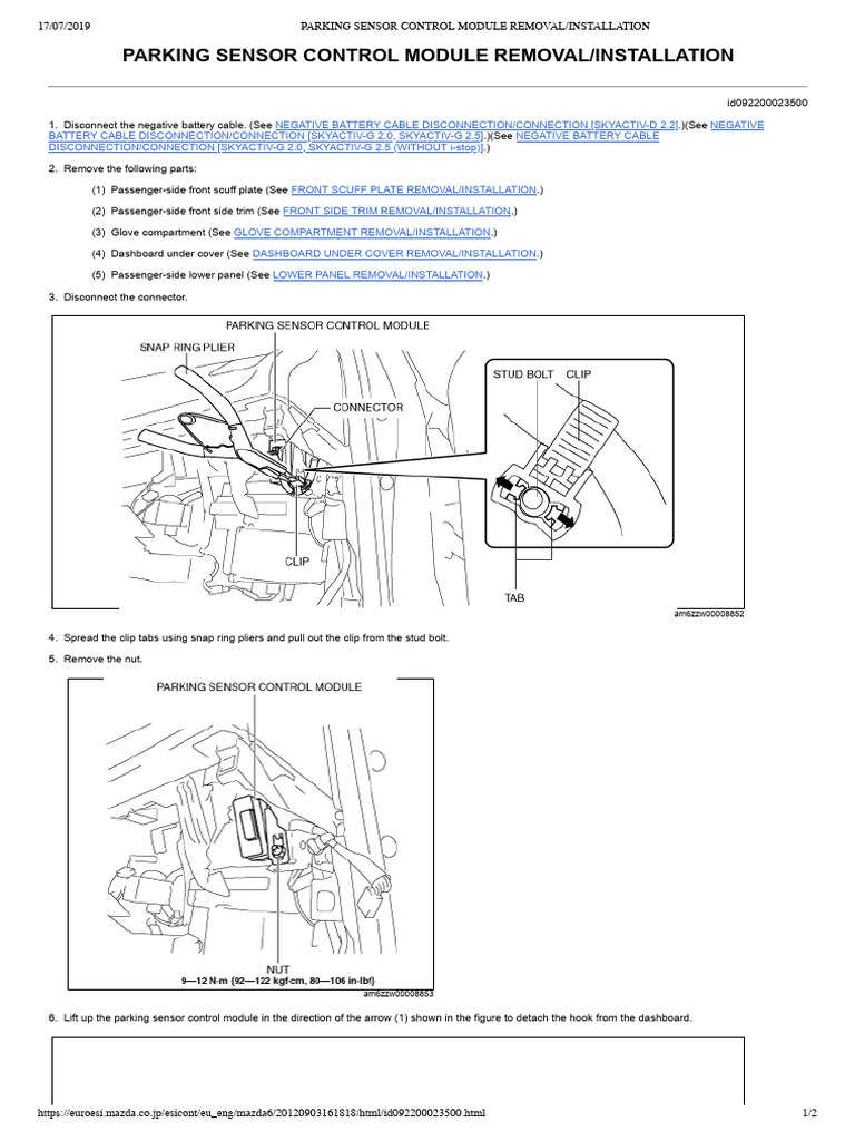 Parking Sensor Control Module Removal - Installation | PDF
