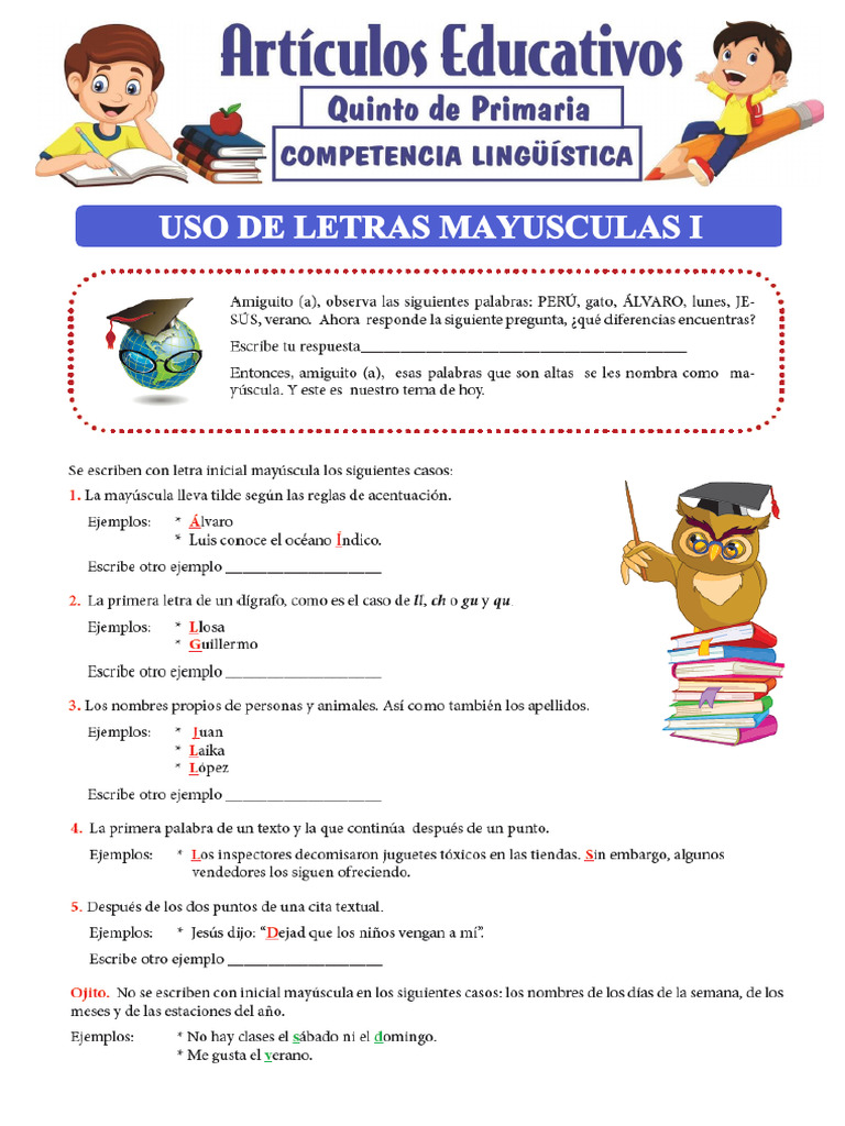 Uso de Letras Mayusculas I para Quinto de Primaria | PDF