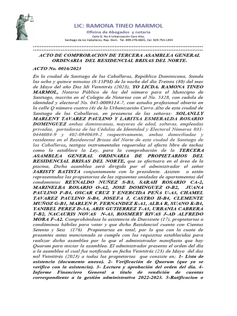 Acta de Asamblea Brisas Del Norte Jaristy Kadaja | PDF | Condominio ...