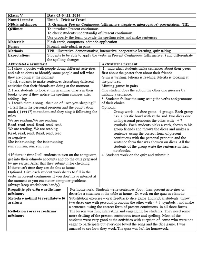 Model I Një Përgatitjeje Ditore Për Orën e Gjuhës Angleze | PDF ...