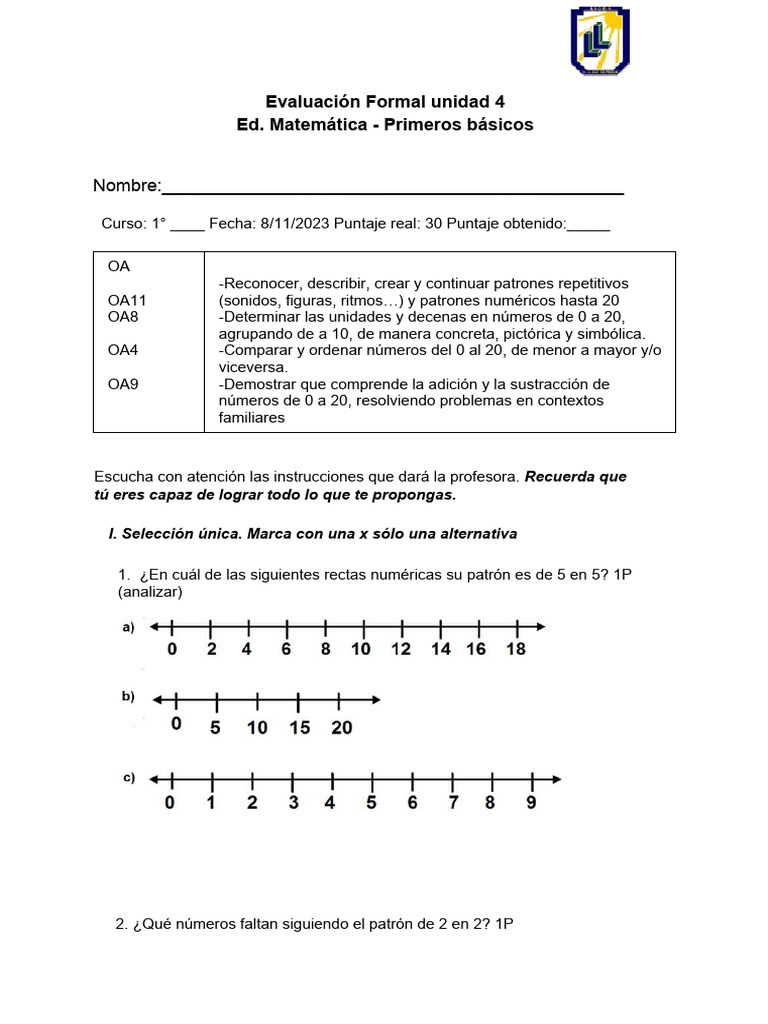 Copia de 1° Prueba Unidad 4 Matemática | PDF