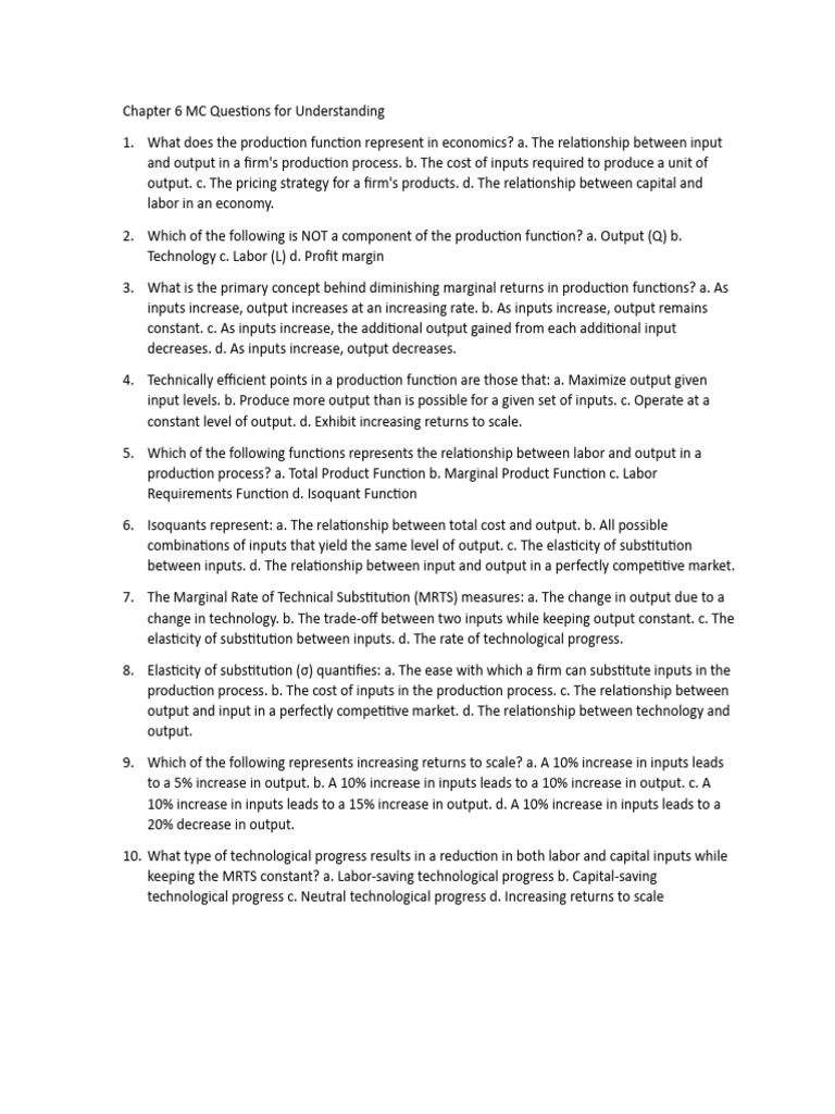 Chapter 6 Mc Questions For Understanding Pdf Production Function Factors Of Production
