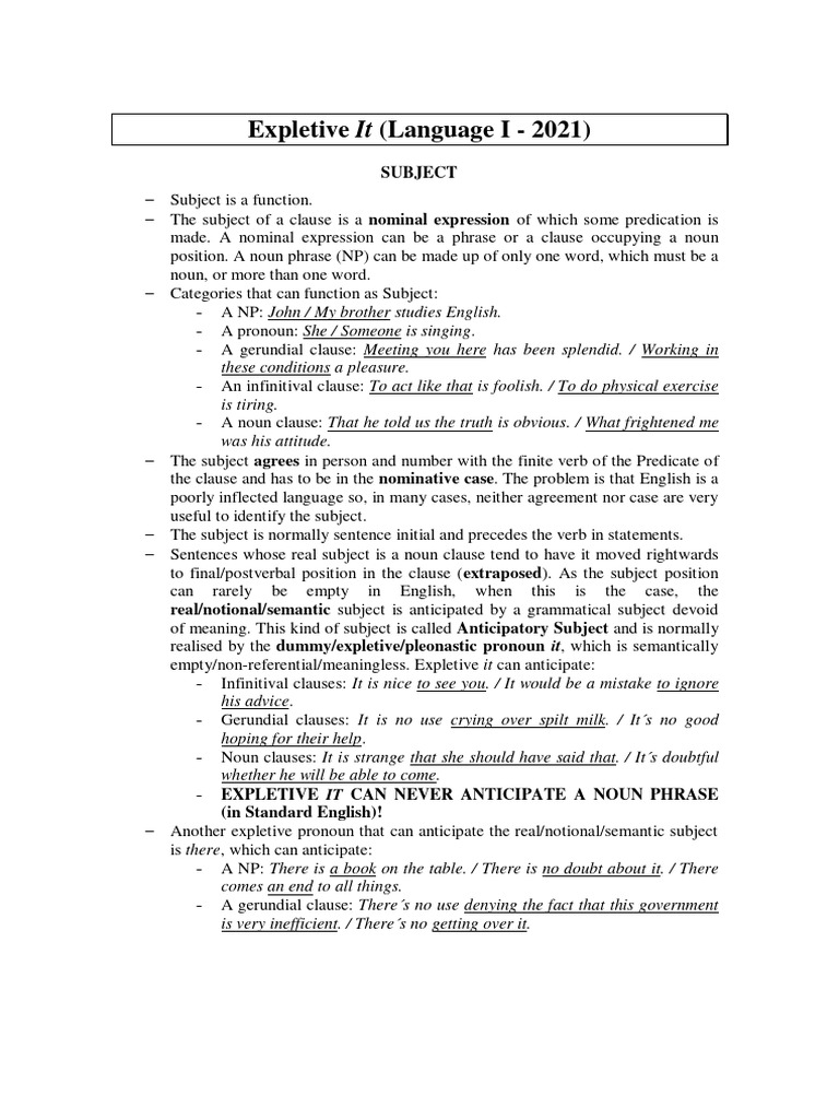 Expletive IT | PDF | Subject (Grammar) | Clause