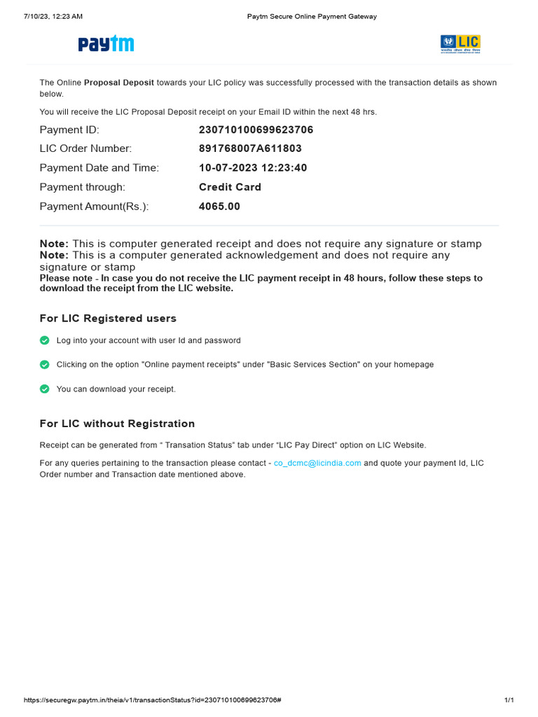 Payment ID: LIC Order Number: Payment Date and Time: Payment Through ...