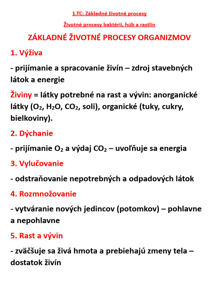 1.TC Poznámky Základné Životné Procesy Organizmov-3 | PDF
