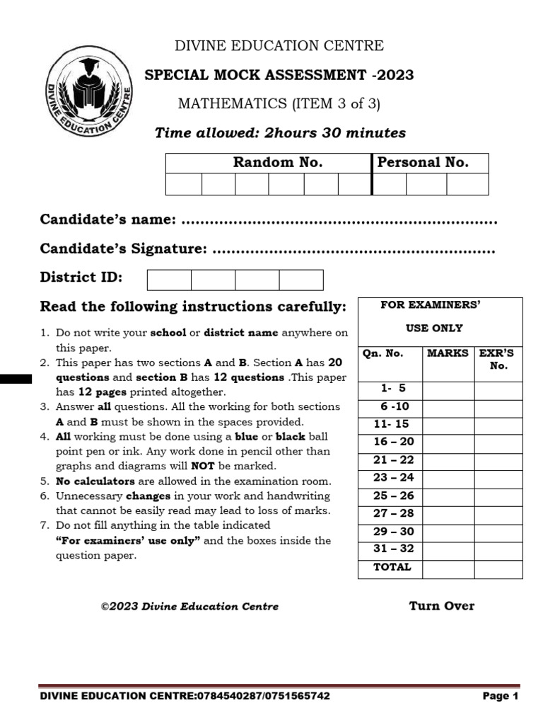 MTC Special Mock Assessment - 2023 | PDF | Mathematics