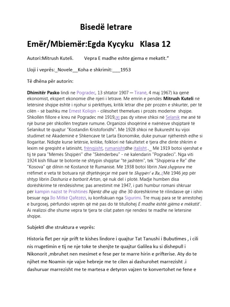 Bisedë Letrare Klasa 12 | PDF