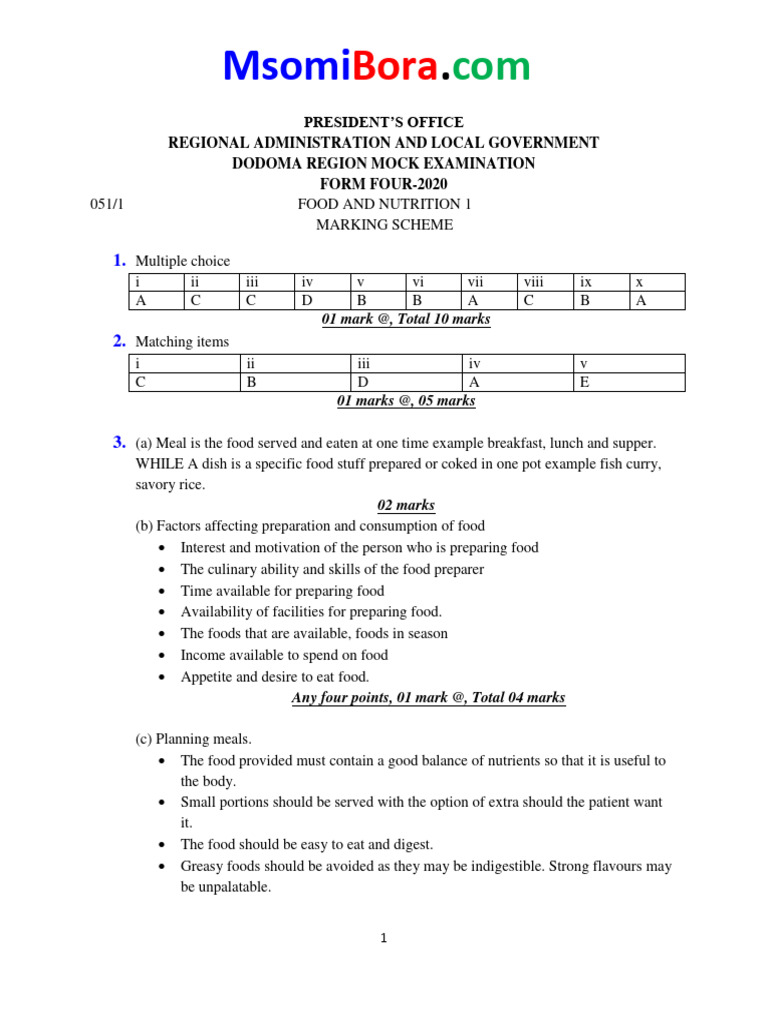 Food and Nutrition 1 - Marking Scheme | PDF | Vegetables | Cooking