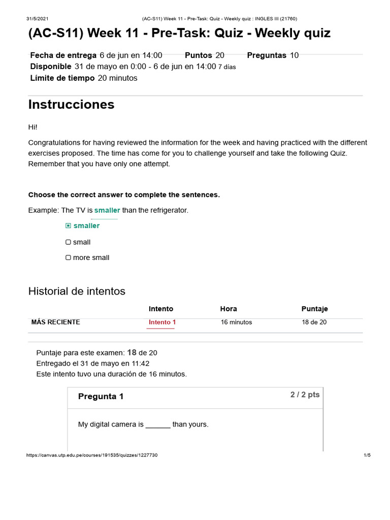 Ac s11 Week 11 Pre Task Quiz Weekly Quiz Ingles III 21760 Compress | PDF | Computer Science ...