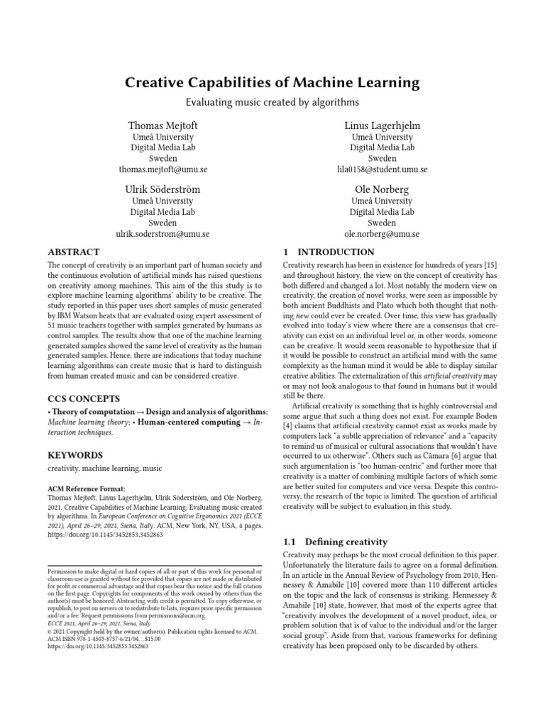 Creative Capabilities of Machine Learning: Evaluating Music Created by ... Creative Capabilities of Machine Learning: Evaluating Music Created by ...