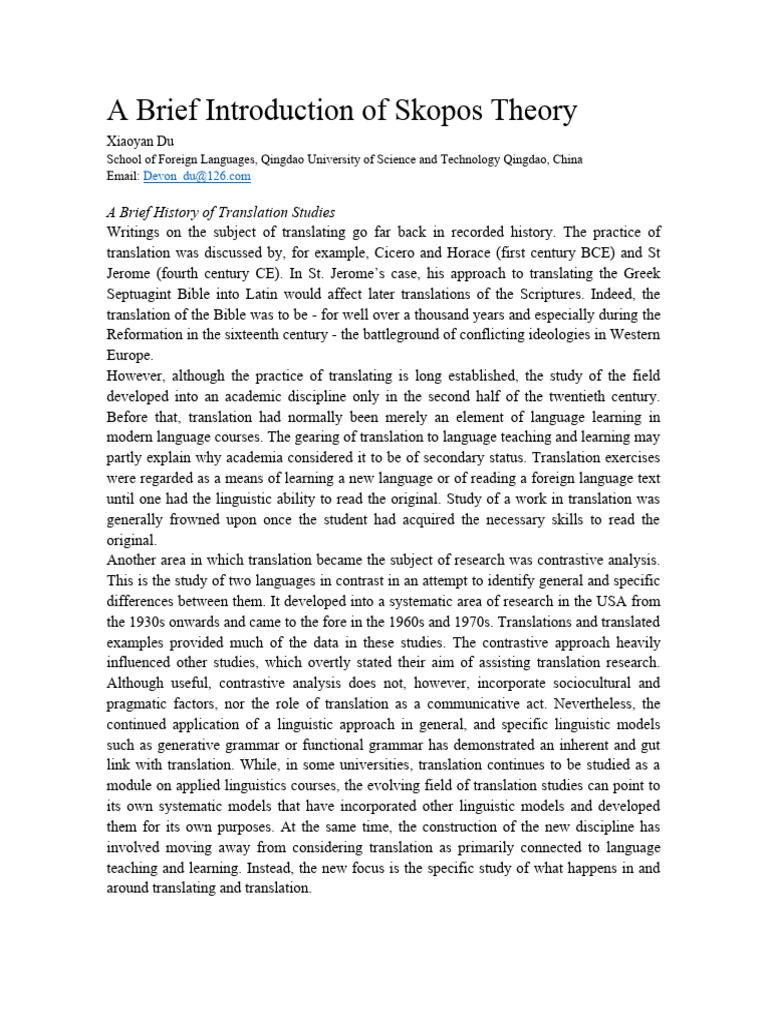 A Brief Introduction of Skopos Theory | PDF | Translations | Linguistics