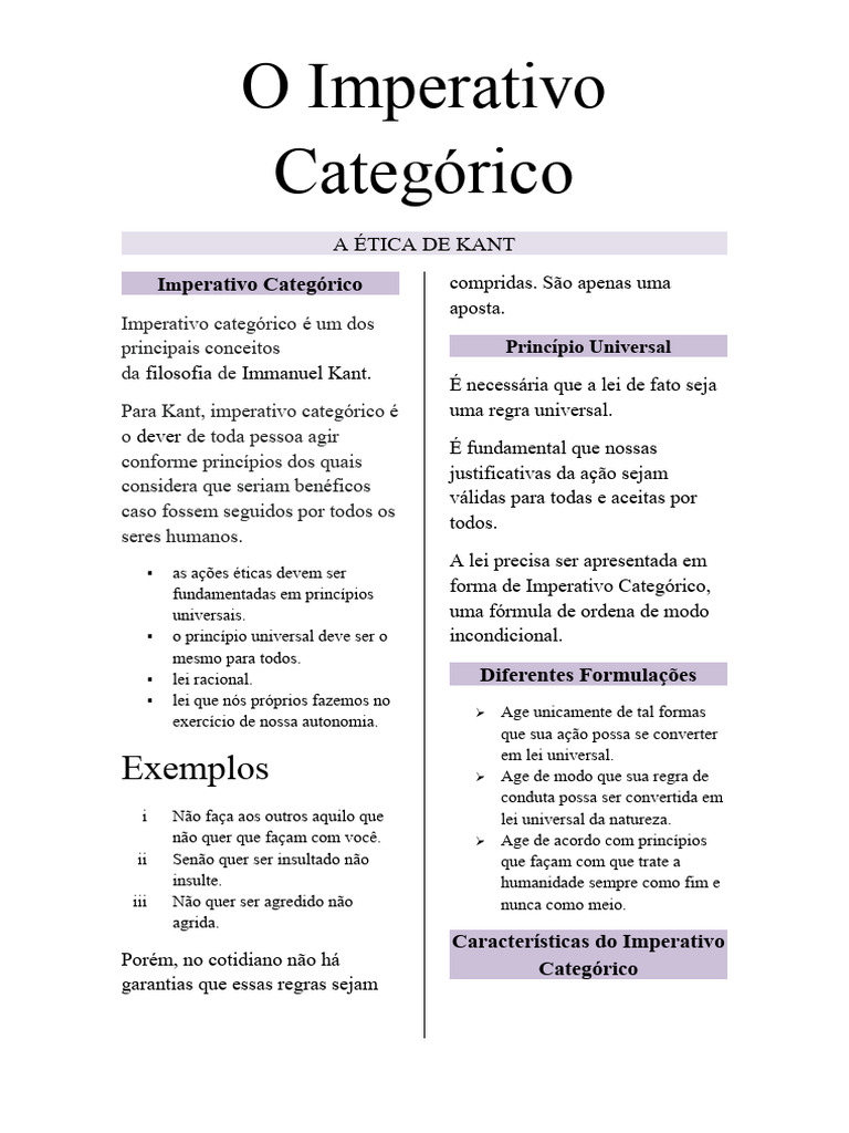 RESUMO IMPERATIVO CATEGÓRICO - Filosofia | PDF | Immanuel Kant | Teorias filosóficas