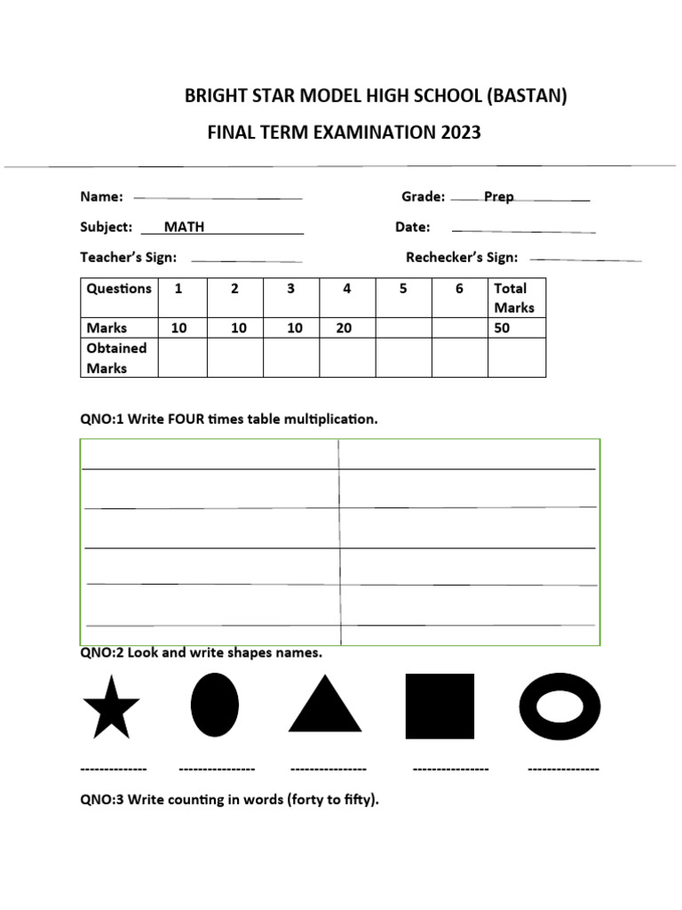 Math Final Exam 2023 - Bright Star Model | PDF