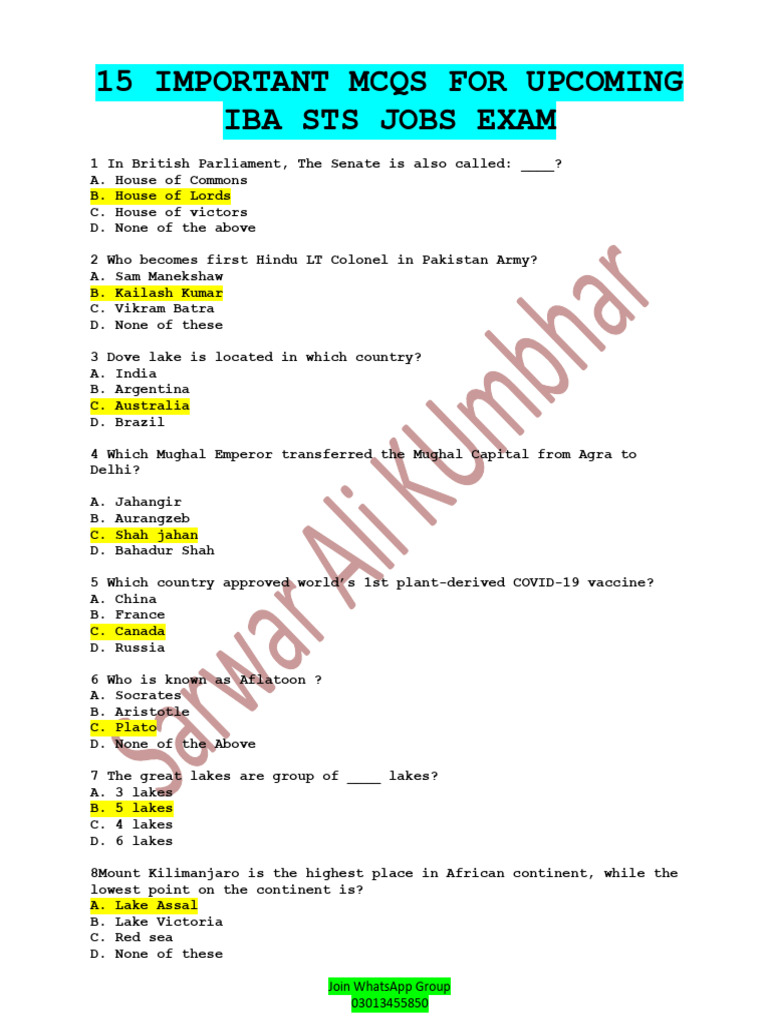IBA STS Jobs Exam: 15 Key MCQs | PDF