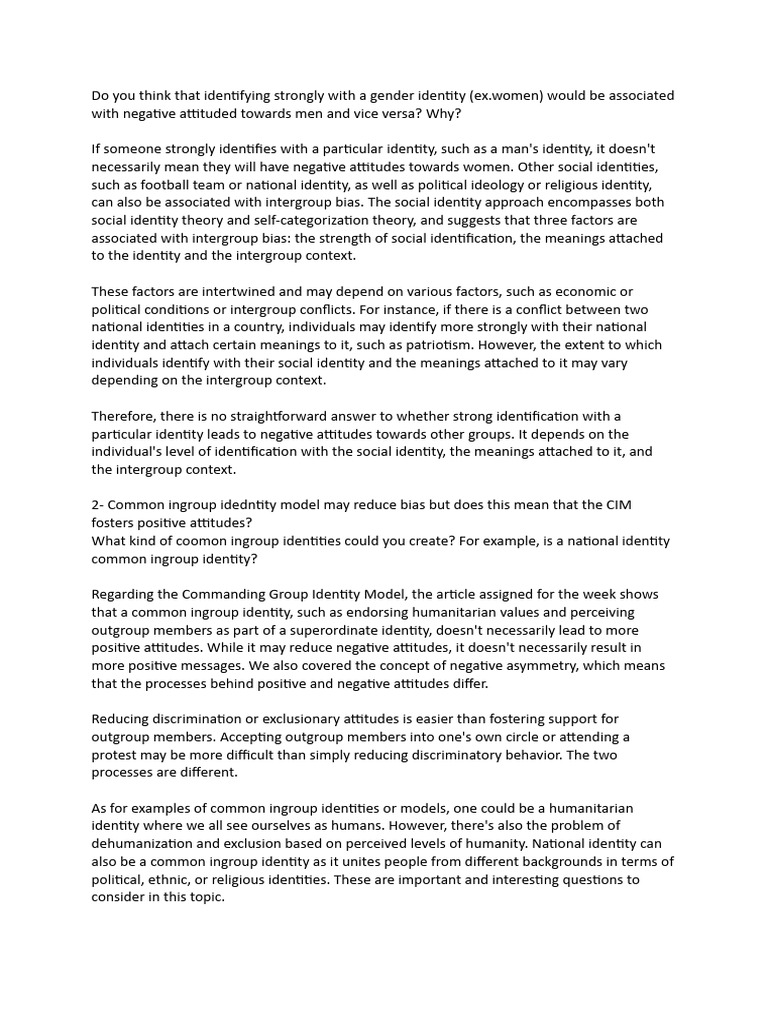 316 Discussion Questions | PDF | Identity (Social Science) | Attitude ...