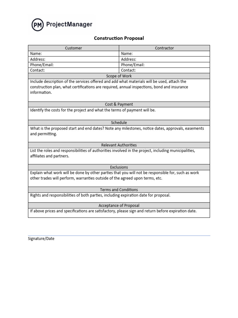 Free Construction Proposal Template ProjectManager ND23 | PDF