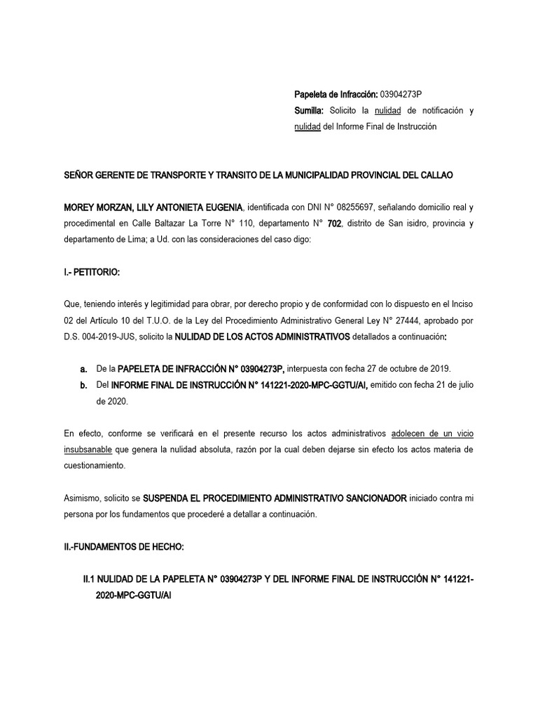 Modelo de Impugnacion - Papeleta de Infracción | PDF | Regulación ... Modelo de Impugnacion - Papeleta de Infracción | PDF | Regulación ...