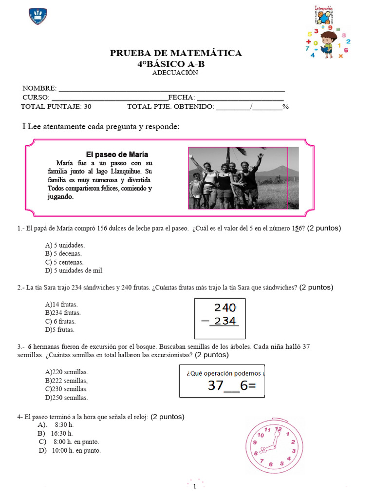 Prueba Matematicas Cuartos | PDF
