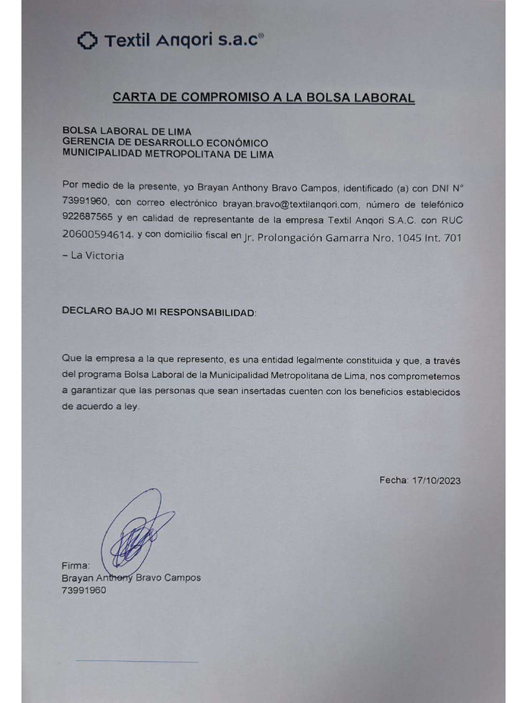 CARTA DE COMPROMISO LABORAL | PDF