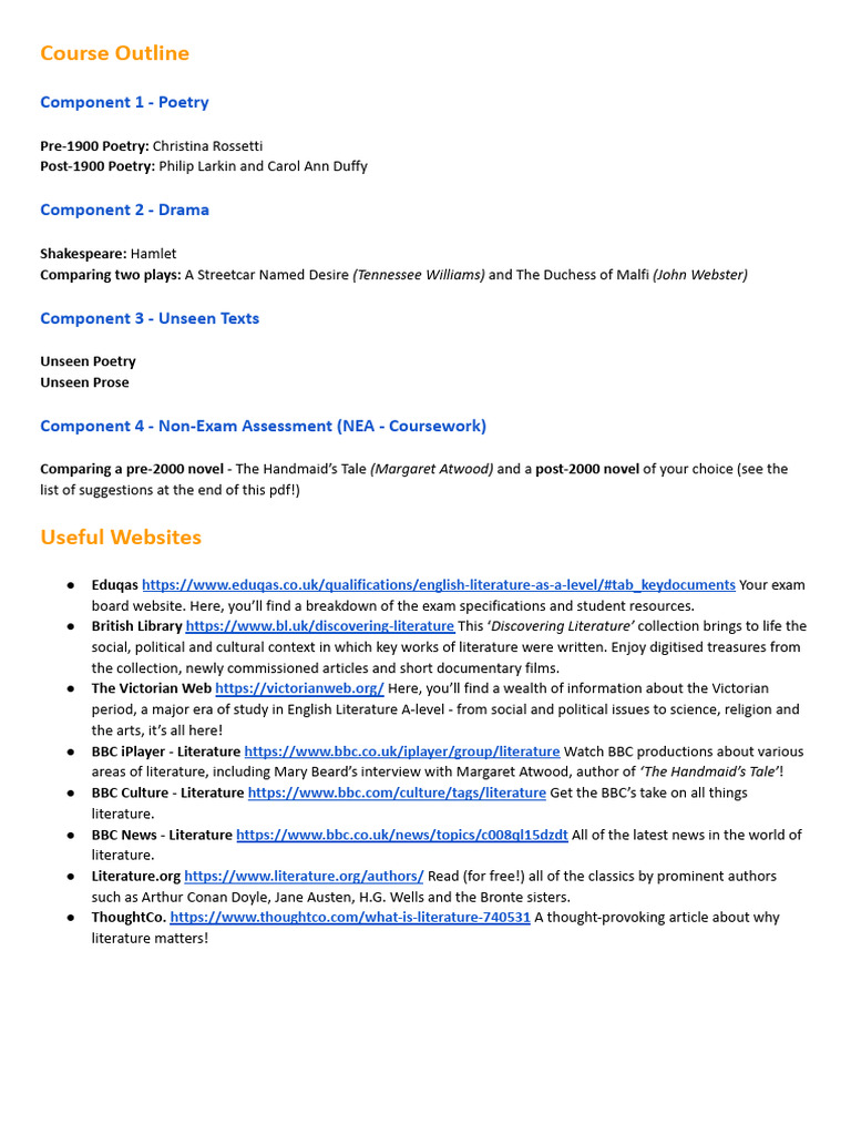 English Literature Alevel Preparation Work 202324 | PDF | English ...