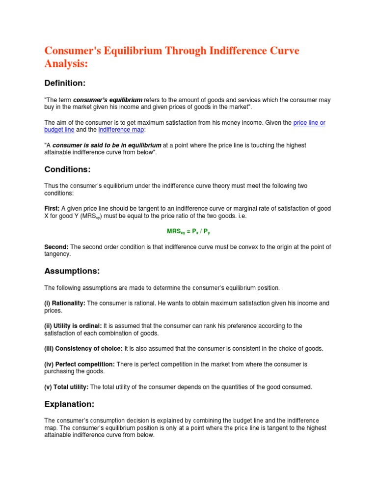 Consumer's Equilibrium Through Indifference Curve Analysis:: Definition ...