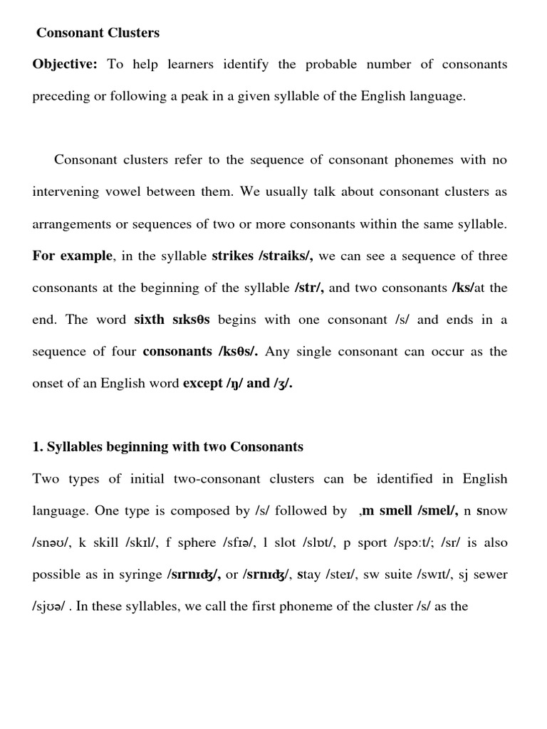 English Lessons Consonant Clusters in Initial and Final Positions | PDF ...