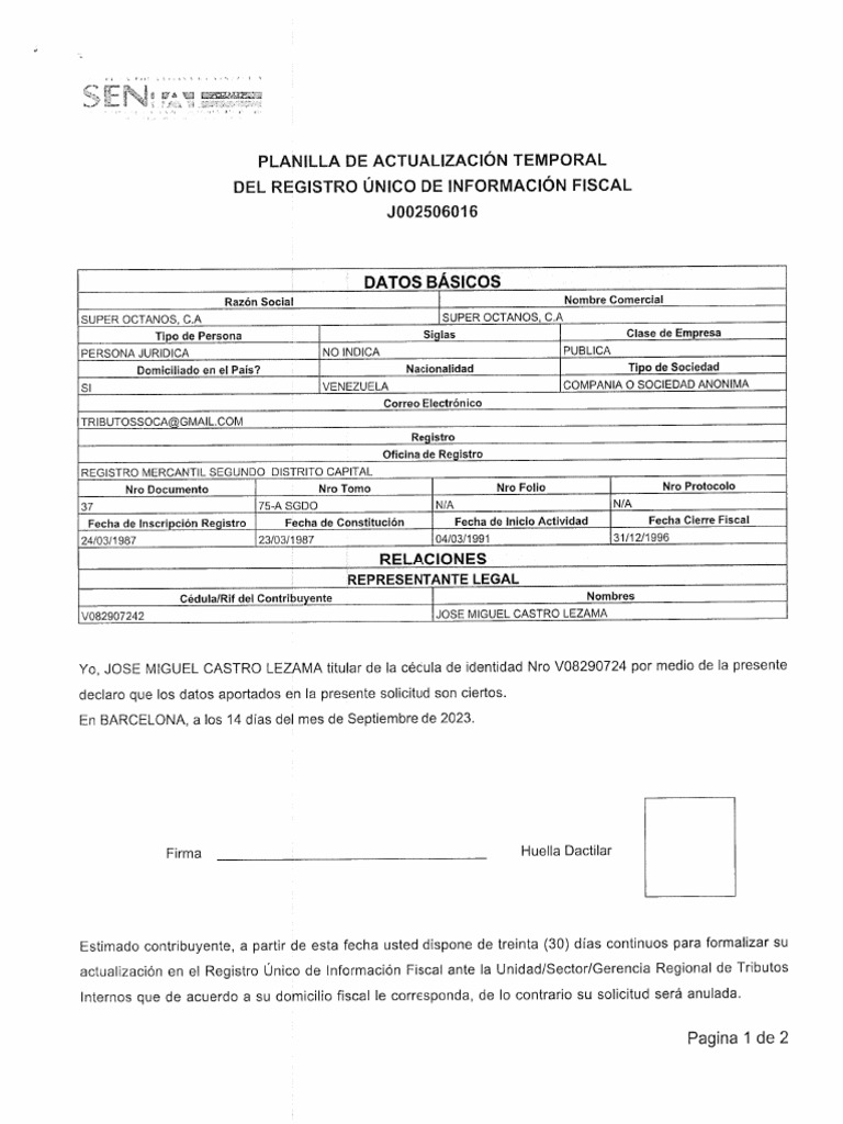 Planilla para Actualizacion de Rif 2023 | PDF