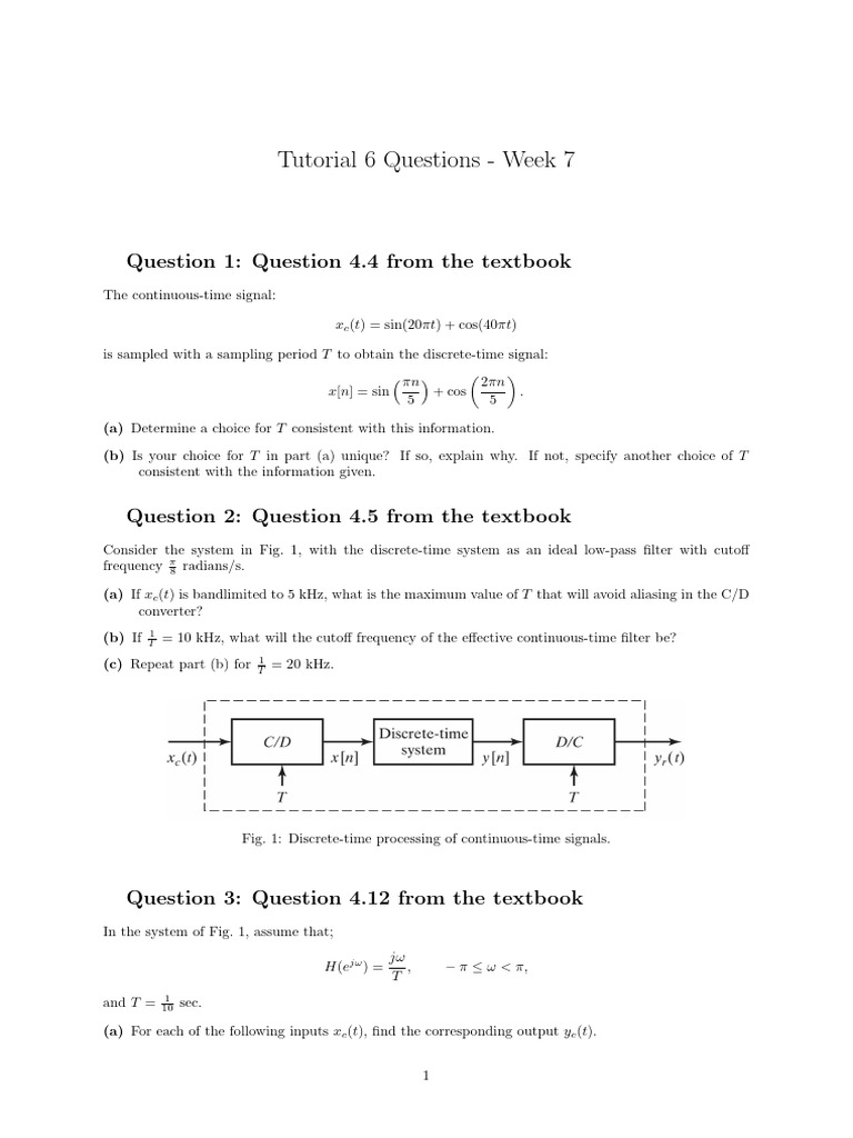 Tutorial 6 Questions Pdf Sampling Signal Processing Computer Engineering
