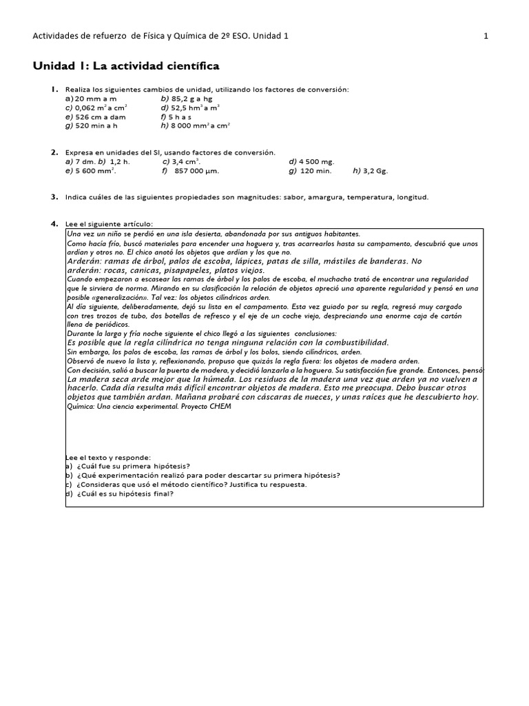 Unidad 1: La Actividad Científica: Actividades de Refuerzo de Física y Química de 2º ESO. Unidad ...