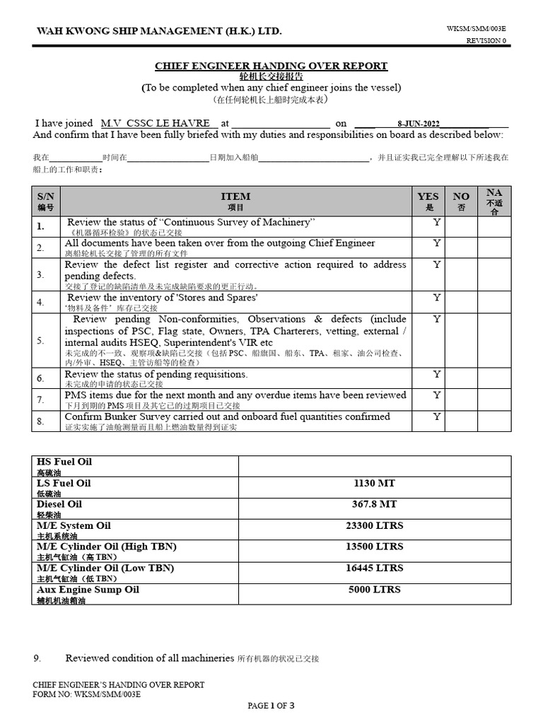 Chief Engineer Handover Report | PDF | Firefighting | Ships