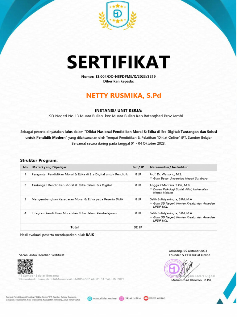 Sertifikat Netty Rusmika 05 Oktober 2023 | PDF
