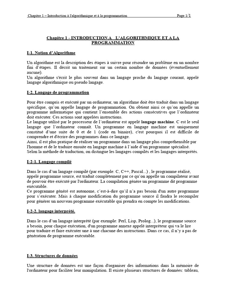 Chapitre 1 - Introduction À La Programmation | PDF | Langage de programmation | Programme ...