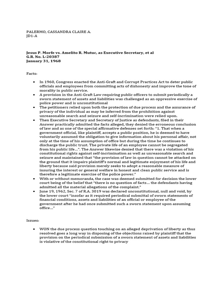 Morfe v. Mutuc Case Digest | PDF | Right To Privacy | Nullification (U ...