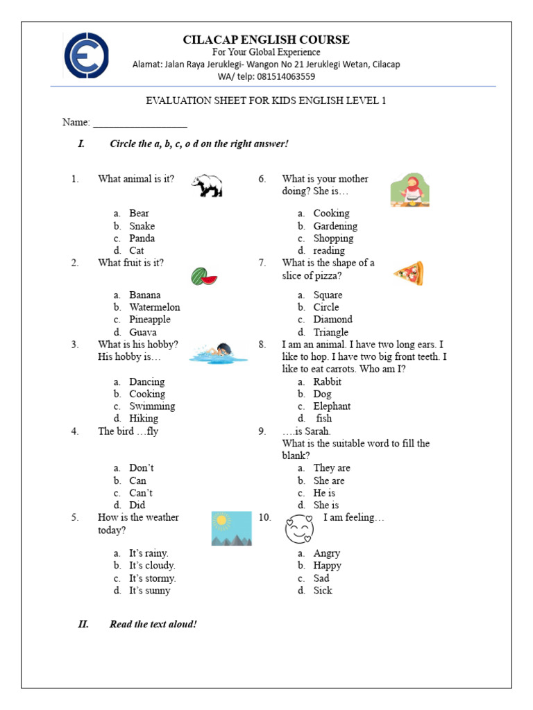 Evaluation Sheet For Kids English Level 1 | PDF | Rabbit