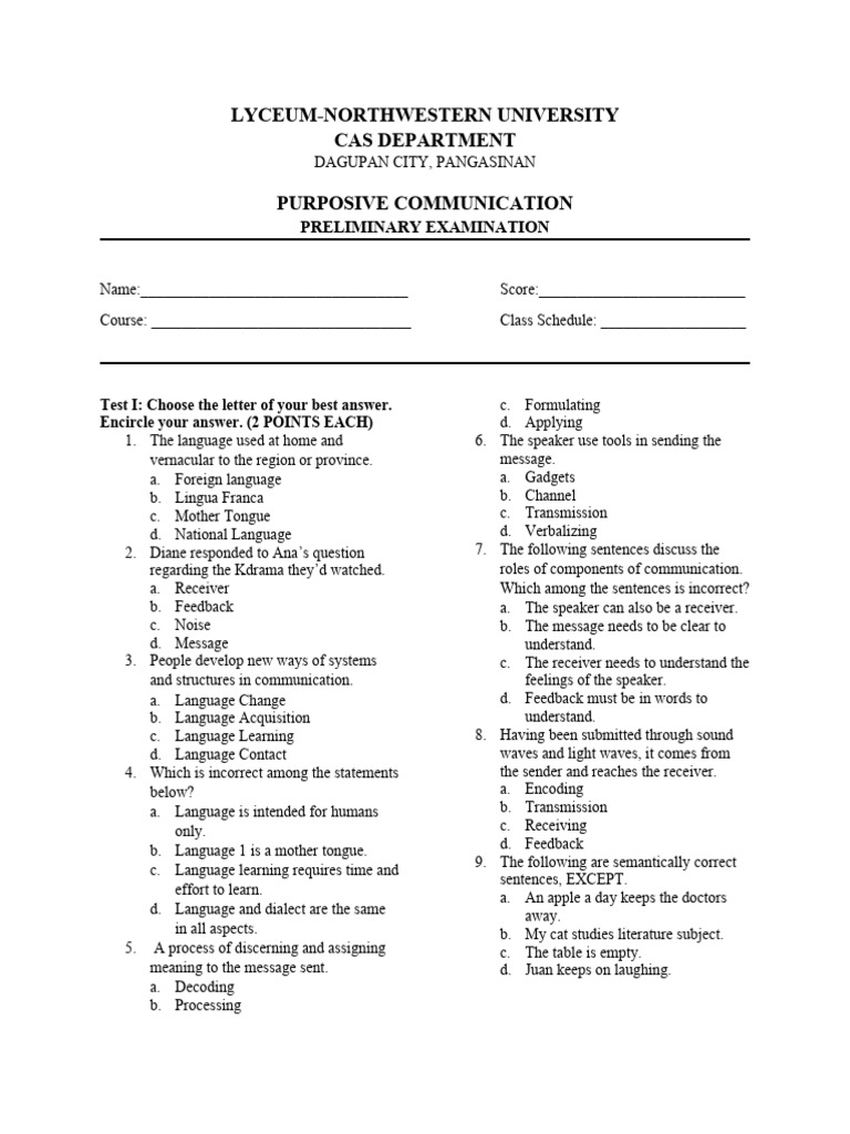 Purposive Comm Prelim Exam | PDF | Communication | Language Acquisition