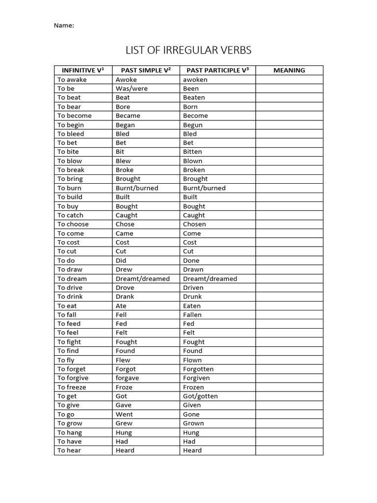 Irregular Verbs List with Forms | PDF | Language Arts & Discipline