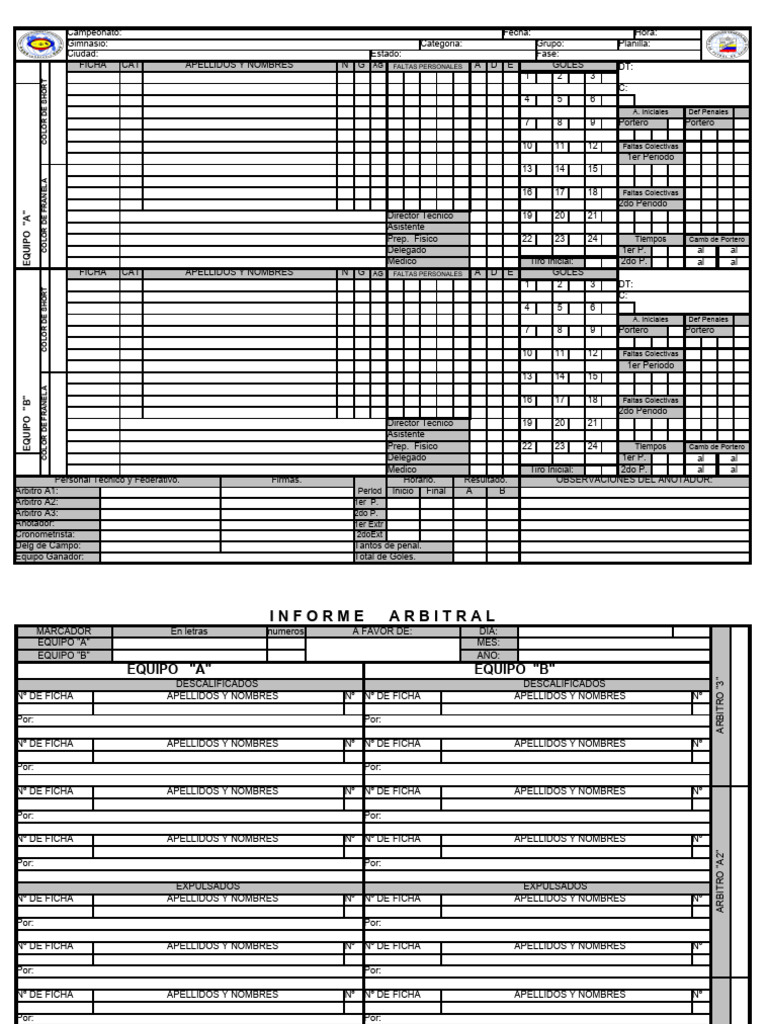 Planilla Oficial De Juego Futbol De Salon Venezuela Sin Asistencias