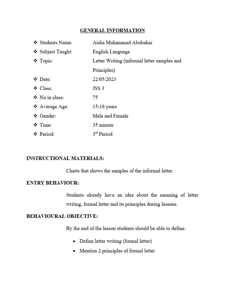 JSS 3 Lesson Plan: Informal Letter Writing | PDF | Teachers | Lesson Plan