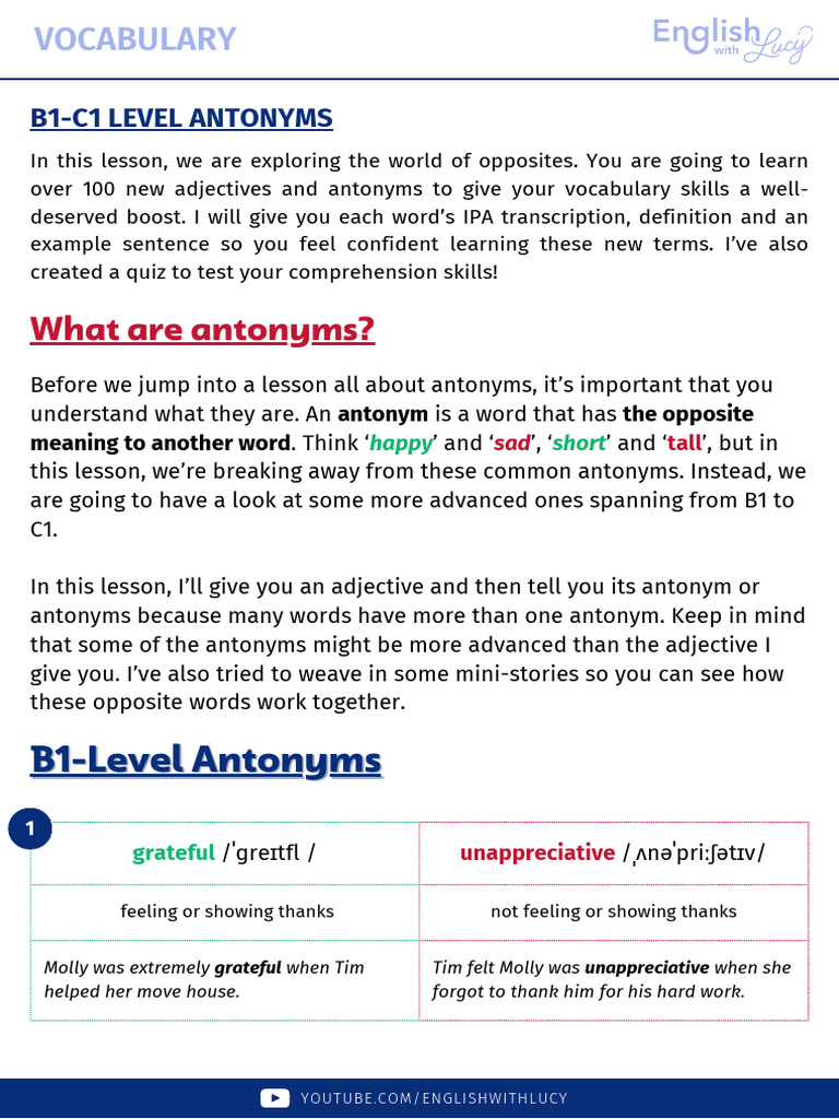 B1-C1 Level Antonyms | PDF | Anxiety