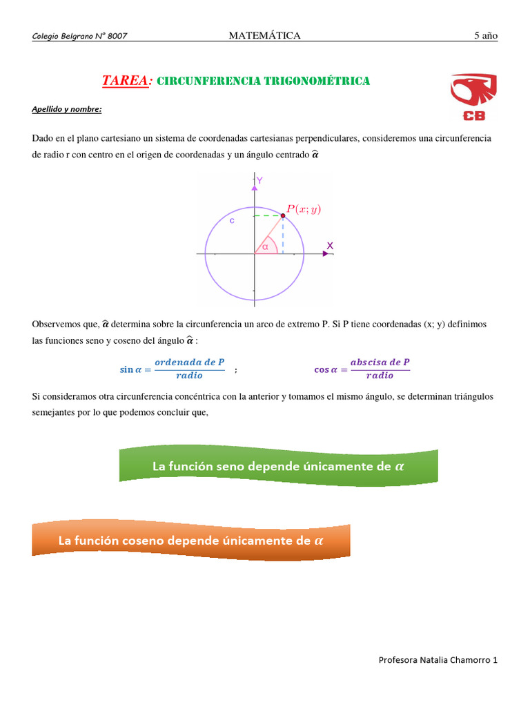 Tarea - Circulo Trig. 5 Año | PDF | Funciones trigonométricas | Matemáticas