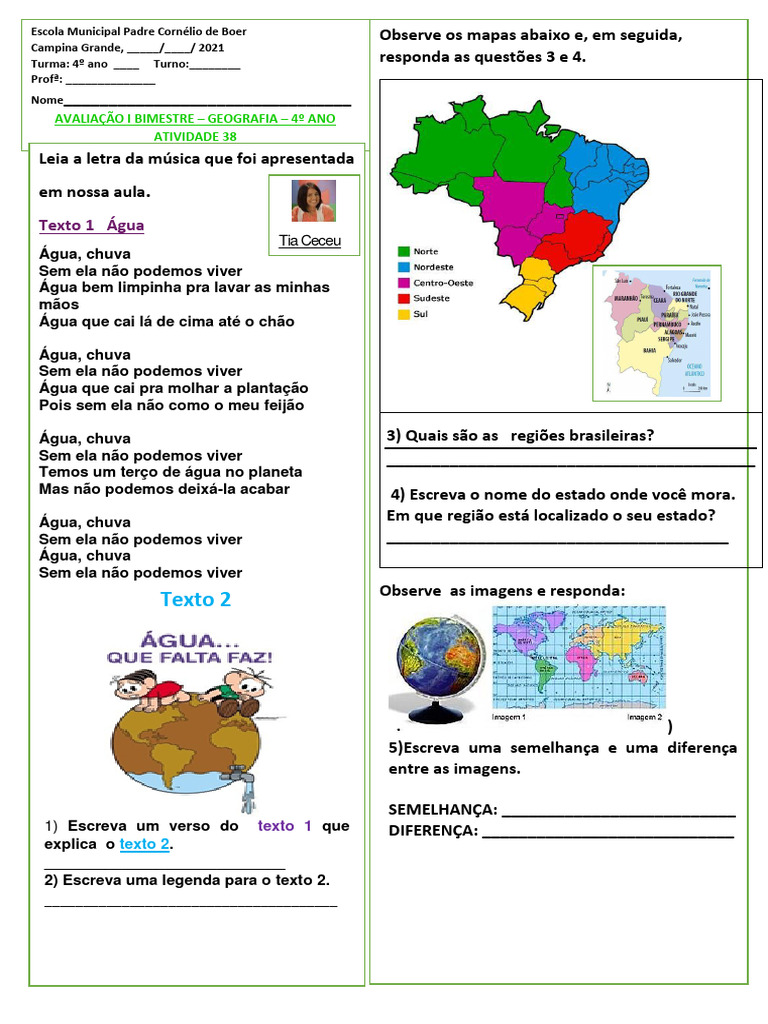 Avaliaã Ã o I Bimestre - Geografia - 4âº Ano | PDF | Jogos e Atividades