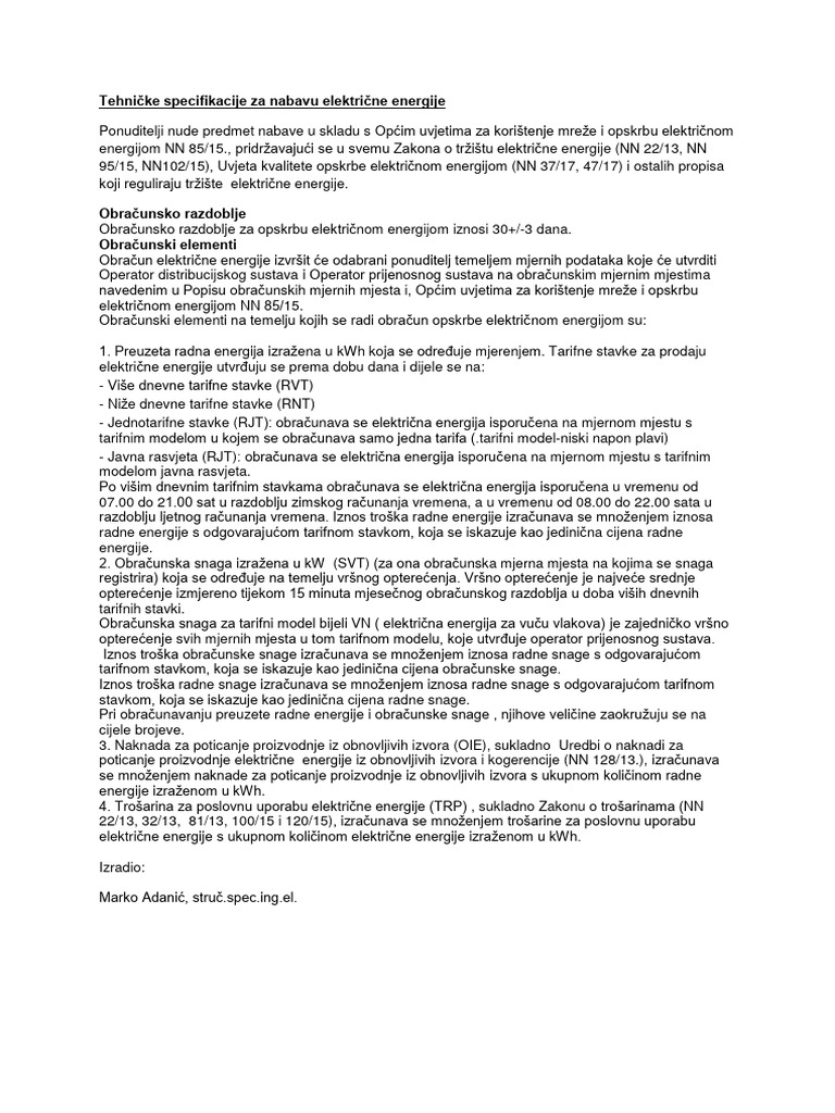 Tehnicke Specifikacije Za Elektricnu Energiju | PDF