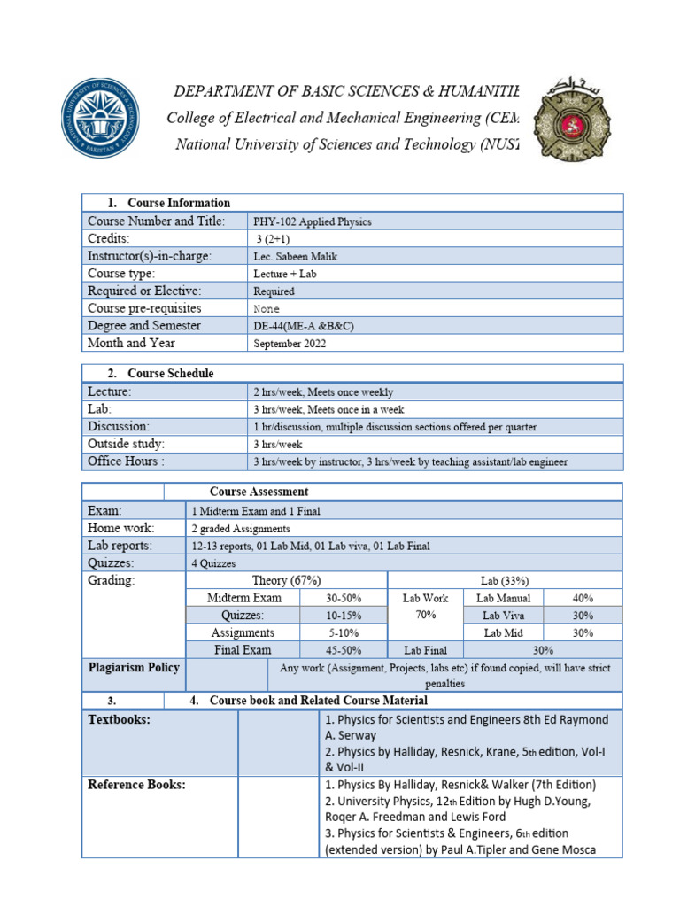Course Outline PHY-102 Applied Physics | PDF | Force | Physics