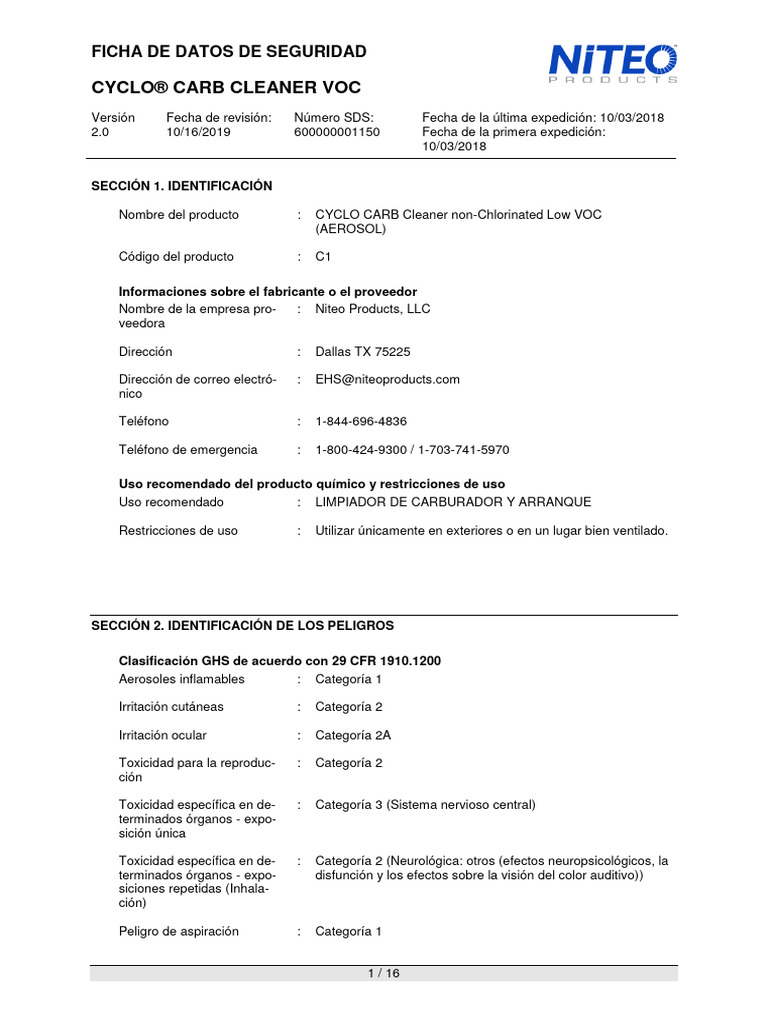 CYCLO CARB Cleaner | PDF | Toxicología | Toxicidad