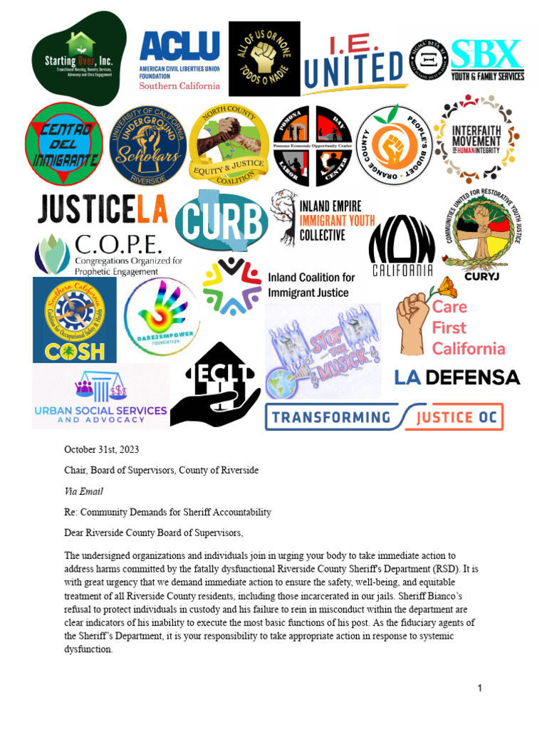 Letter Demanding Greater Oversight of Riverside County Sheriff's ...